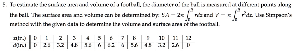 SOLVED: To estimate the surface area and volume of a football, the ...