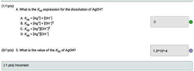 SOLVED: (I/1pts) What is the Ksp expression for the dissolution of AgOH ...