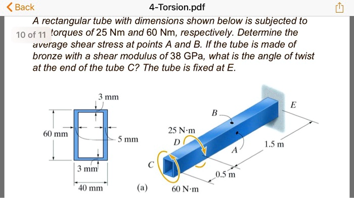A rectangular tube with dimensions shown below is subjected to torques ...