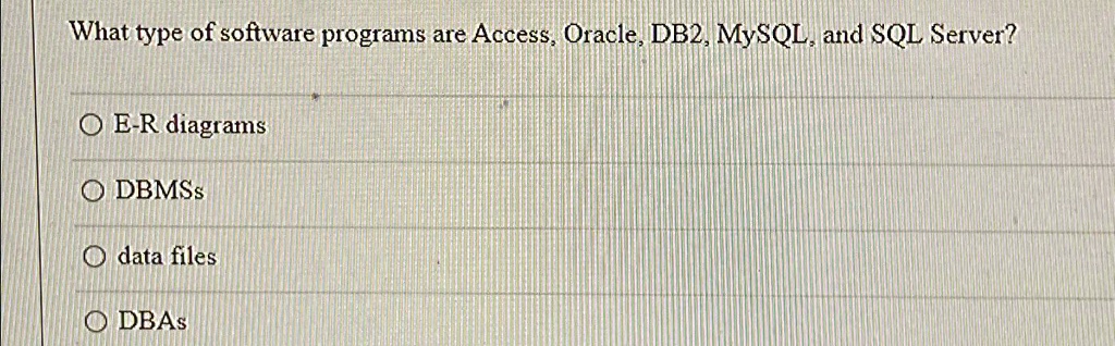 What Type Of Software Programs Are Access Oracle Db2 Mysql And Sql Server E R Diagrams Dbmss