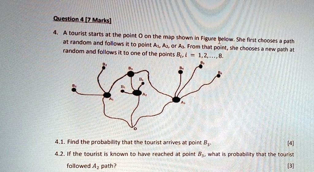 Question 4 [2 Marks] A tourist starts at the point 0 on the map shown in Figure below. She first ...