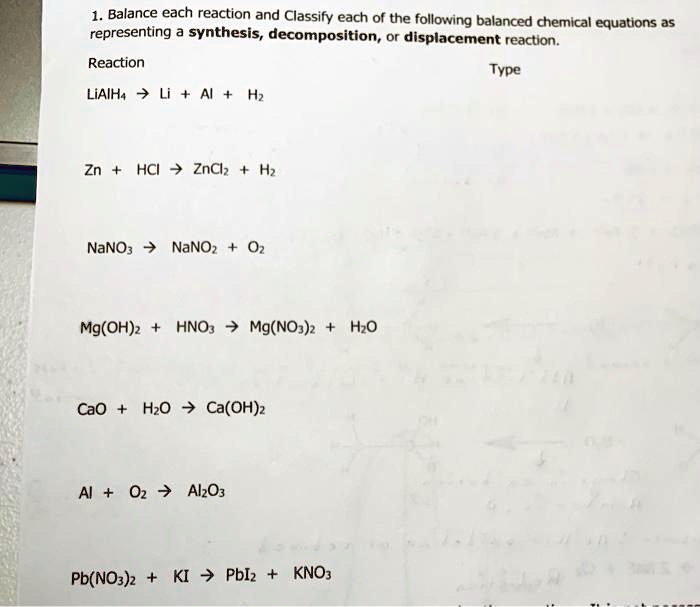 1 balance each reaction and classify each of the following balanced ...