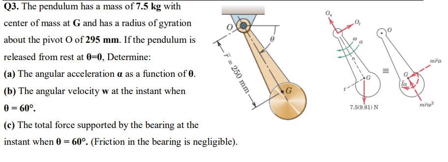 Q3. The pendulum has a mass of 7.5 kg with center of mass at 𝐆 and has ...