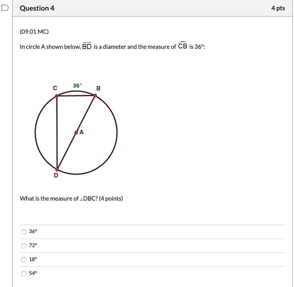 Question 4 (09.01 MC) In circle A shown below, BD is a diameter and the ...