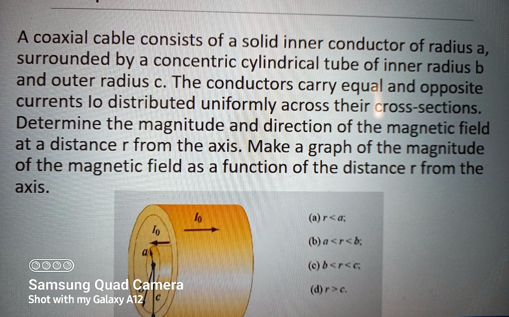 A coaxial cable consists of a solid inner conductor of radius a ...