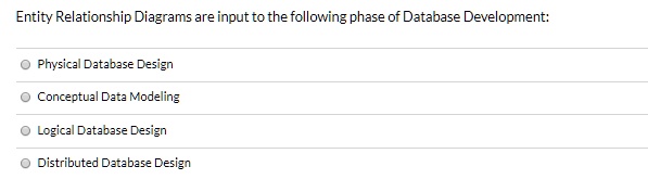 Entity Relationship Diagrams are input to the following phase of Database Development: O ...