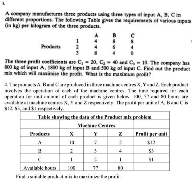 3. A company manufactures three products using three types of input A ...