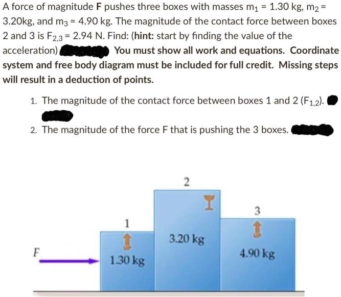 SOLVED: A force of magnitude F pushes three boxes with masses m1 = 1.30 kg, m2 = 20 kg, and m3 ...