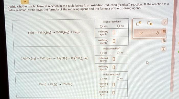 SOLVED: Decide whether each chemical reaction in the table below is an ...