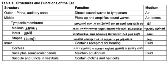 Table 1 Structures And Functions Of The Ear Structure Outer Pinna Auditory Canal Middle