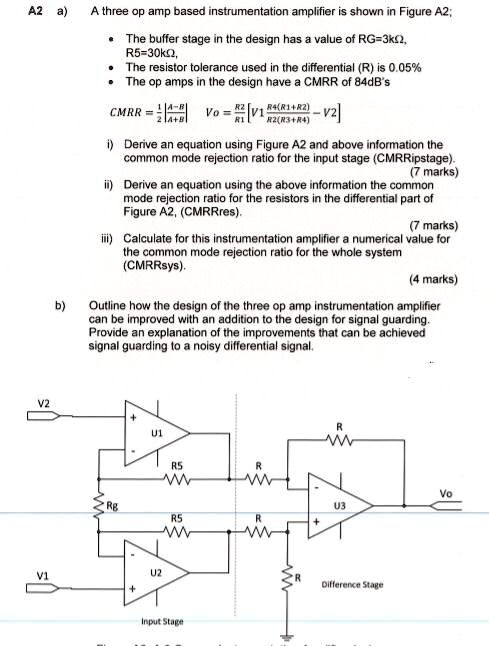 SOLVED: A three-op amp based instrumentation amplifier is shown in ...