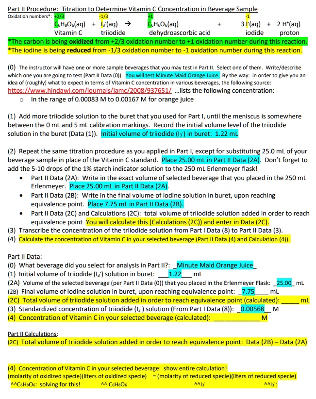 part i procedure titration to determine vitamin c concentration in ...