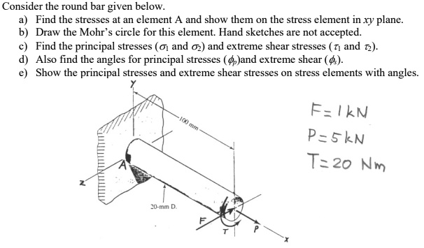 Consider the round bar given below. a) Find the stresses at an element A and show them on the ...