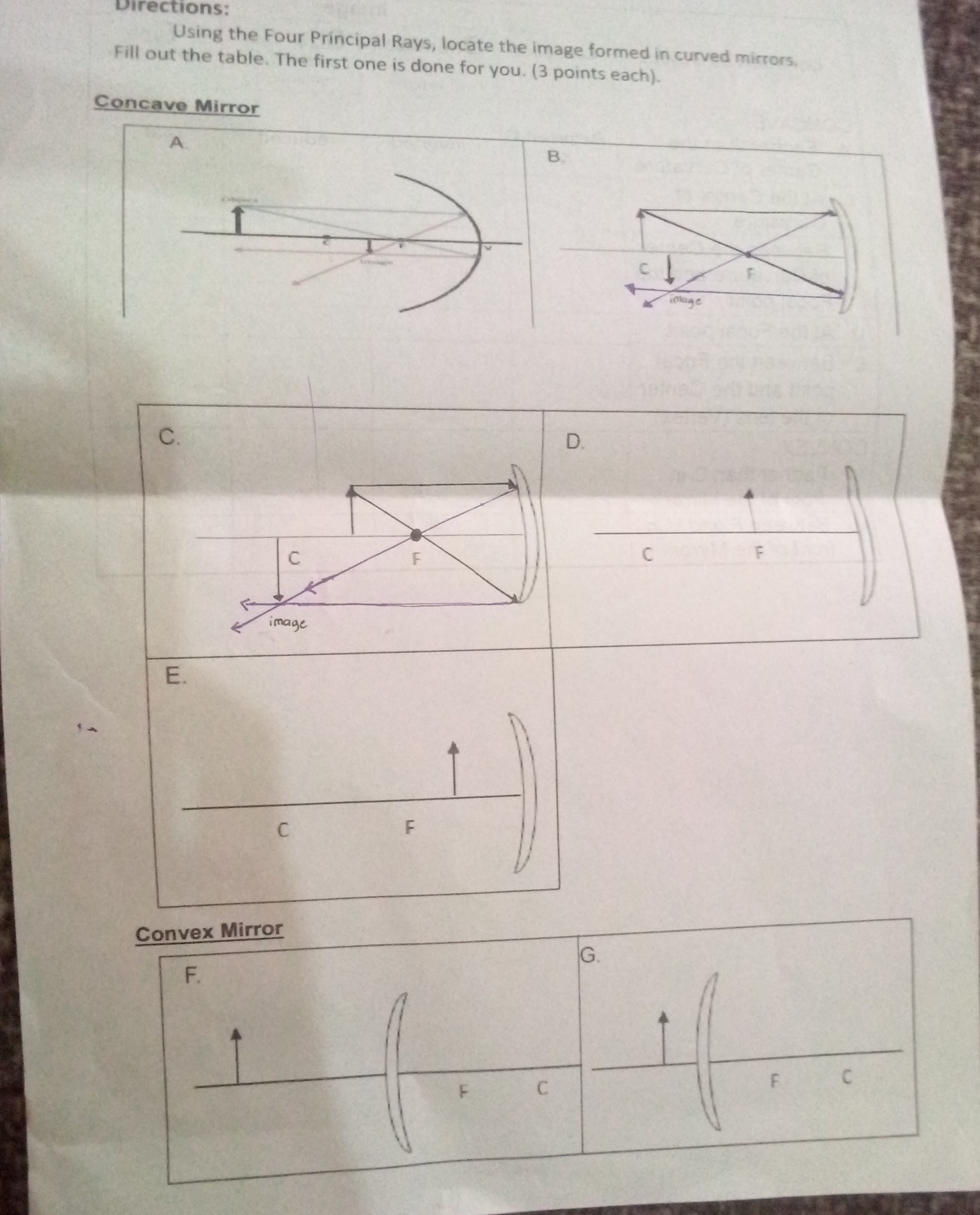 Directions: Using the Four Principal Rays, locate the image formed in curved mirrors. Fill out ...