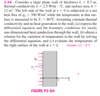 2-64 Consider a large plane wall of thickness L=0.3 m. thermal conductivity k=2.5 W / m·^∘C, and ...