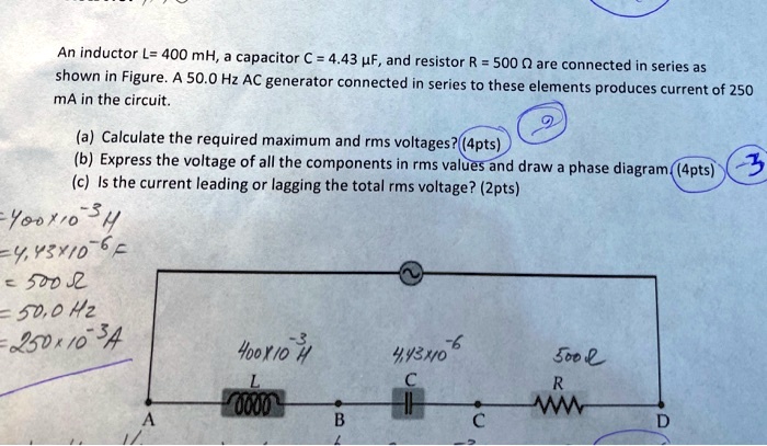 SOLVED: An inductor L= 400 mH, capacitor C = 4.43 MF, and resistor R 500 Q are connected in ...