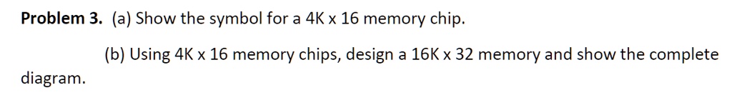 Problem 3. (a) Show the symbol for a 4K x 16 memory chip. (b) Using 4K x 16 memory chips, design ...