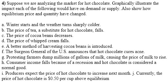 4) Suppose we are analyzing the market for hot chocolate. Graphically ...