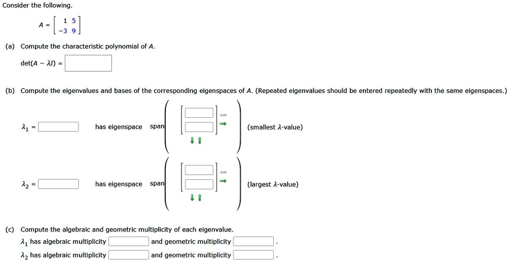 SOLVED:Consider the following A = [3 (a) Compute the characteristic polynomia) of A. det(A AI ...