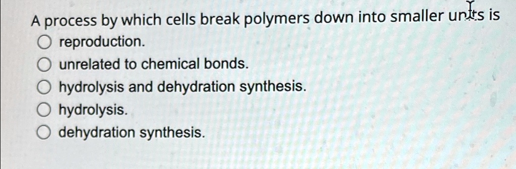 A process by which cells break polymers down into smaller units is ...