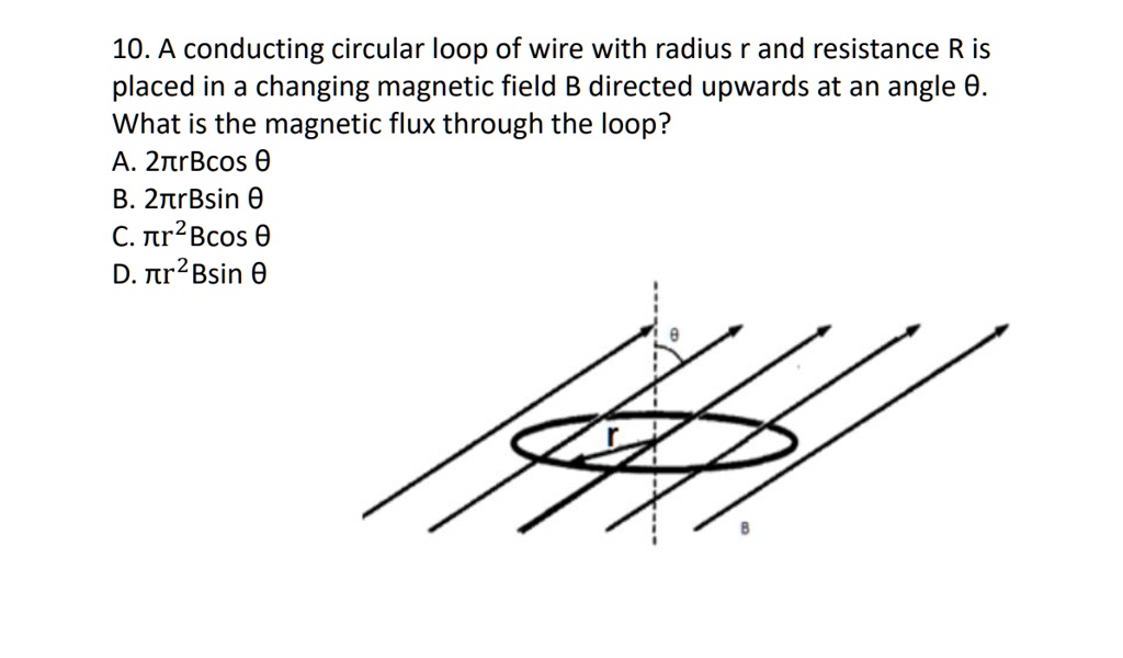 10. A conducting circular loop of wire with radius r and resistance R is placed in a changing ...