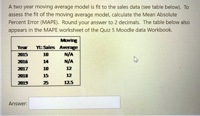 A two-year moving average model is fitted to the sales data (see table below). To assess the fit ...