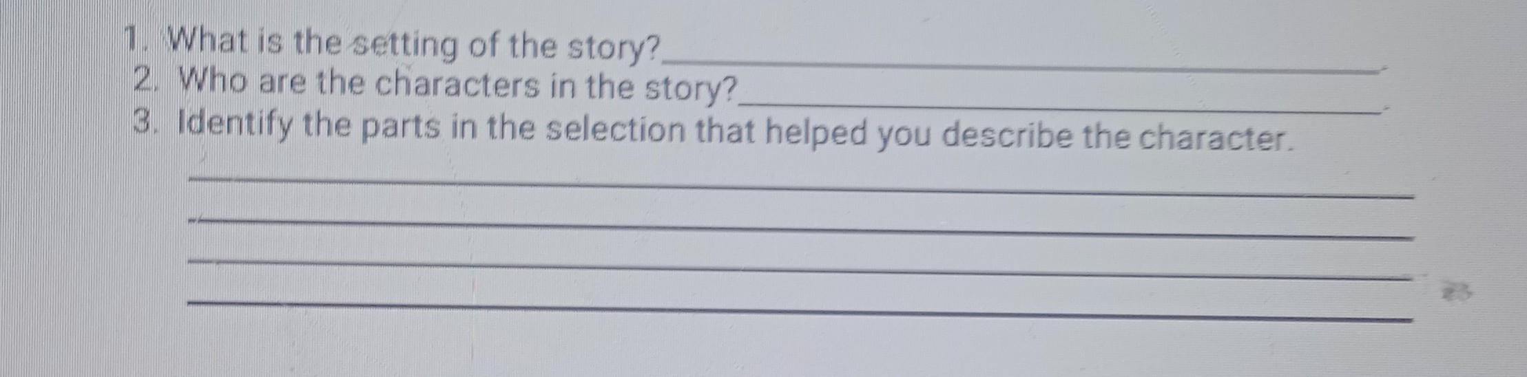 1 what is the setting of the story 2 who are the characters in the ...