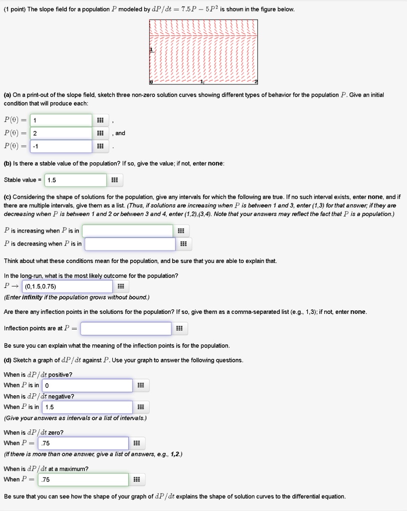 SOLVED: point The slope field for population P modeled by dP dt = %,5P SP? is shown in the ...