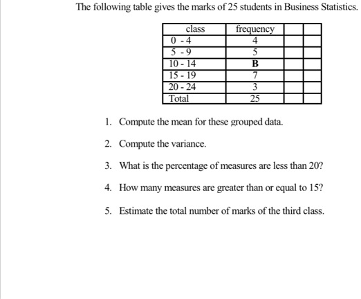 the following table gives the marks of 25 students in business ...