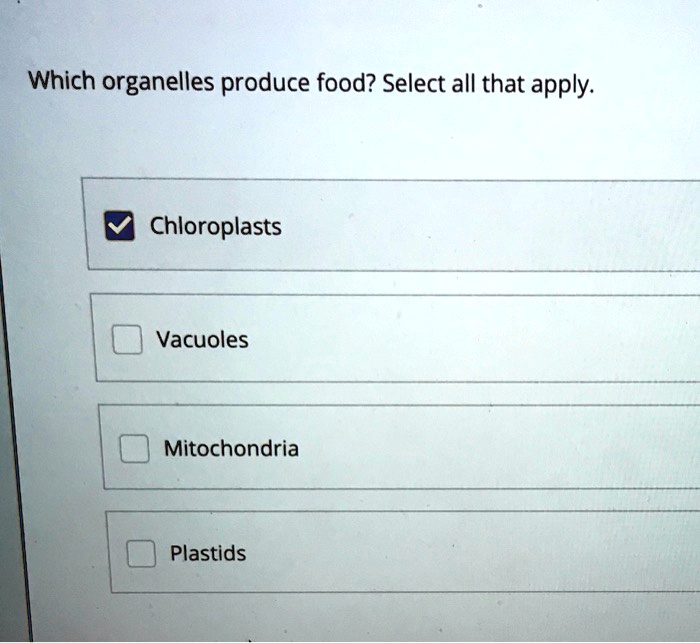 Which organelles produce food? Select all that apply: Chloroplasts ...