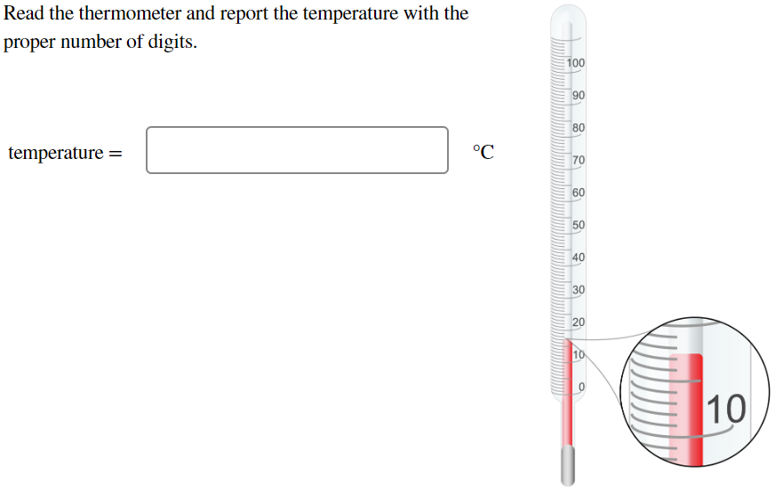 SOLVED: Read the thermometer and report the temperature with the proper ...