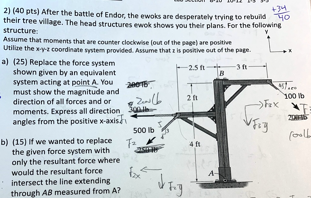 SOLVED: +34 oh structure: y a) (25) Replace the force system shown given by an equivalent system ...