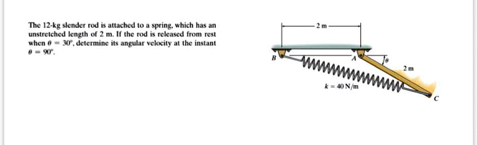 SOLVED: The 12-kg slender rod is attached to a spring, which has an unstretched length of 2 m ...