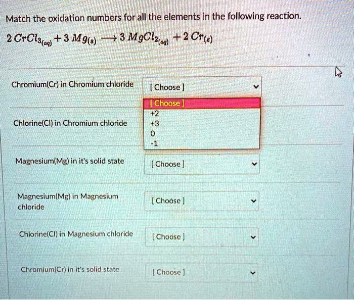 SOLVED: Match the oxidation numbers for all the elements in the following reaction CrClstor) +3 ...