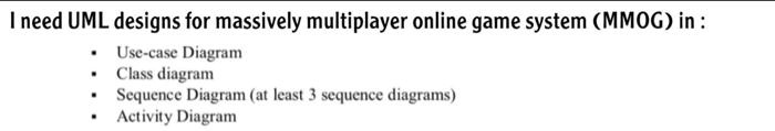 SOLVED: I need UML designs for a massively multiplayer online game ...