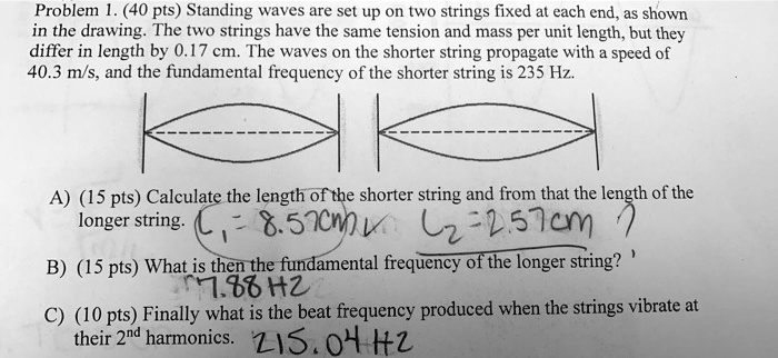 SOLVED: Problem 1. (40 pts) Standing waves are set up on two strings fixed at each end, as shown ...