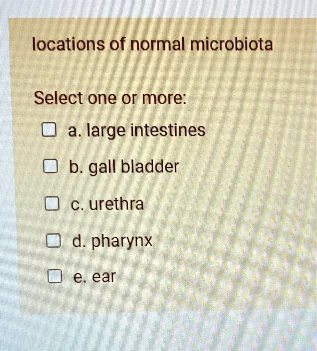 locations of normal microbiota Select one or more: a. large intestines ...