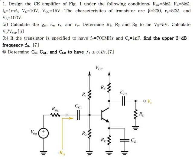 SOLVED: Design the CE amplifier of Fig. 1 under the following ...