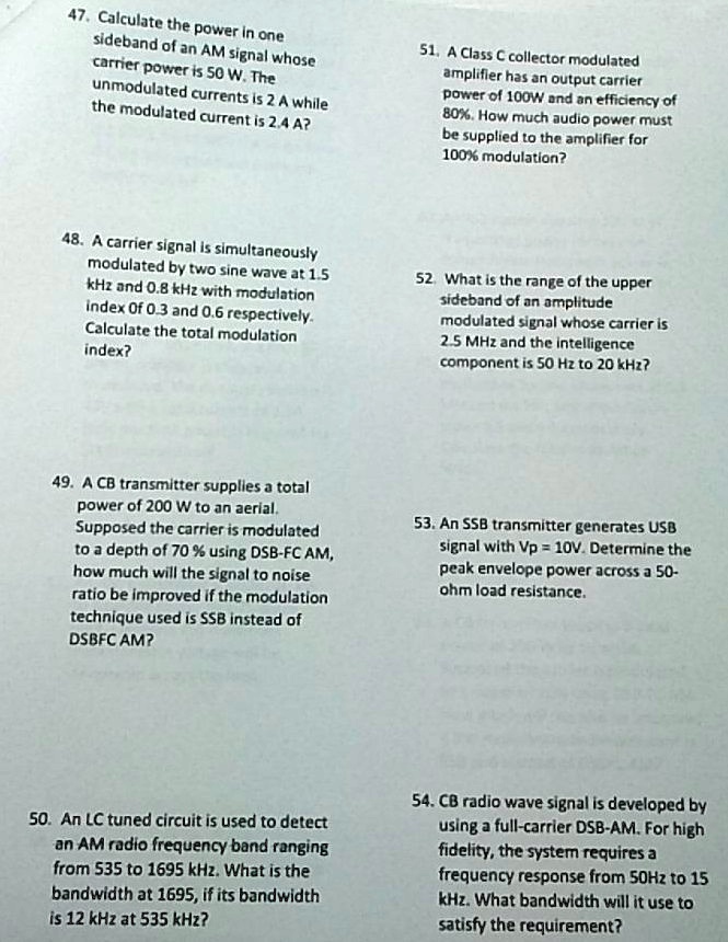 47calculate the power in one sideband of an am signal whose carrier ...
