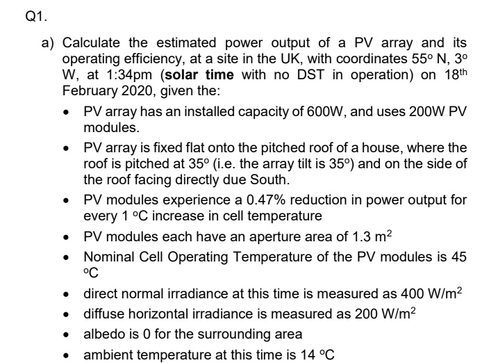 SOLVED: Q1. a) Calculate the estimated power output of a PV array and ...