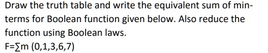 SOLVED: Draw the truth table and write the equivalent sum of minterms for the Boolean function ...