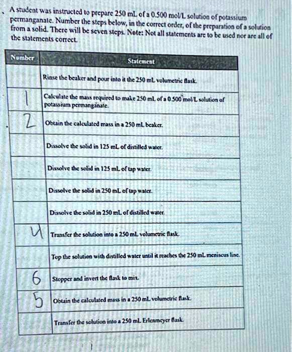 SOLVED: A student was instructed to prepare 250 mL of a 0.500 mol/L solution of potassium ...