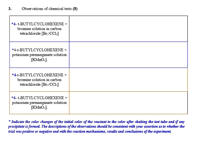 observations of chemical tests 8 4t butylcyclohexene bromine solution ...