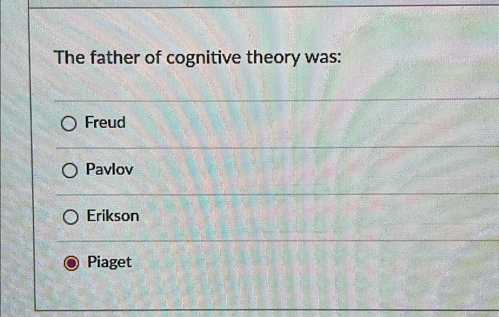 The father of cognitive theory was: Freud Pavlov Erikson Piaget The ...