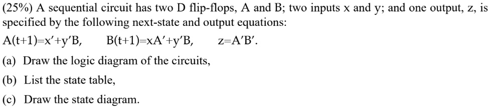 SOLVED: (25%) A sequential circuit has two D flip-flops, A and B; two inputs x and y; and one ...