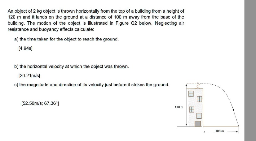 An object of 2 kg object is thrown horizontally from the top of a building from a height of 120 ...