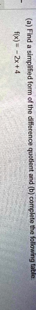 (a) Find a simplified form of the difference quotient and (b) complete the following table. f(x ...