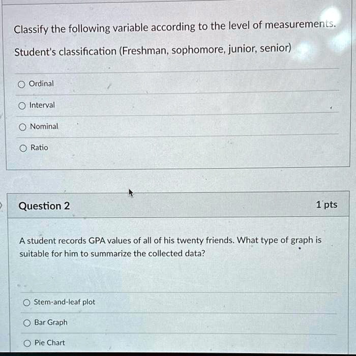 SOLVED: Classify the following variable according to the level of measurements: Student's ...