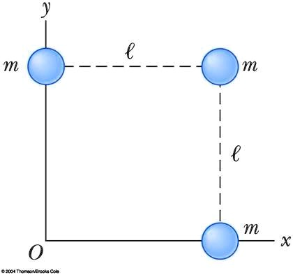 SOLVED: Three objects of equal mass (m) are located at three corners of a square of edge length ...