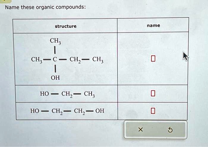 SOLVED: Name these organic compounds: structure CH3 CH3-C-CH2-OH CH2-CH2-HO CH2-CH2-CH2-OH name X